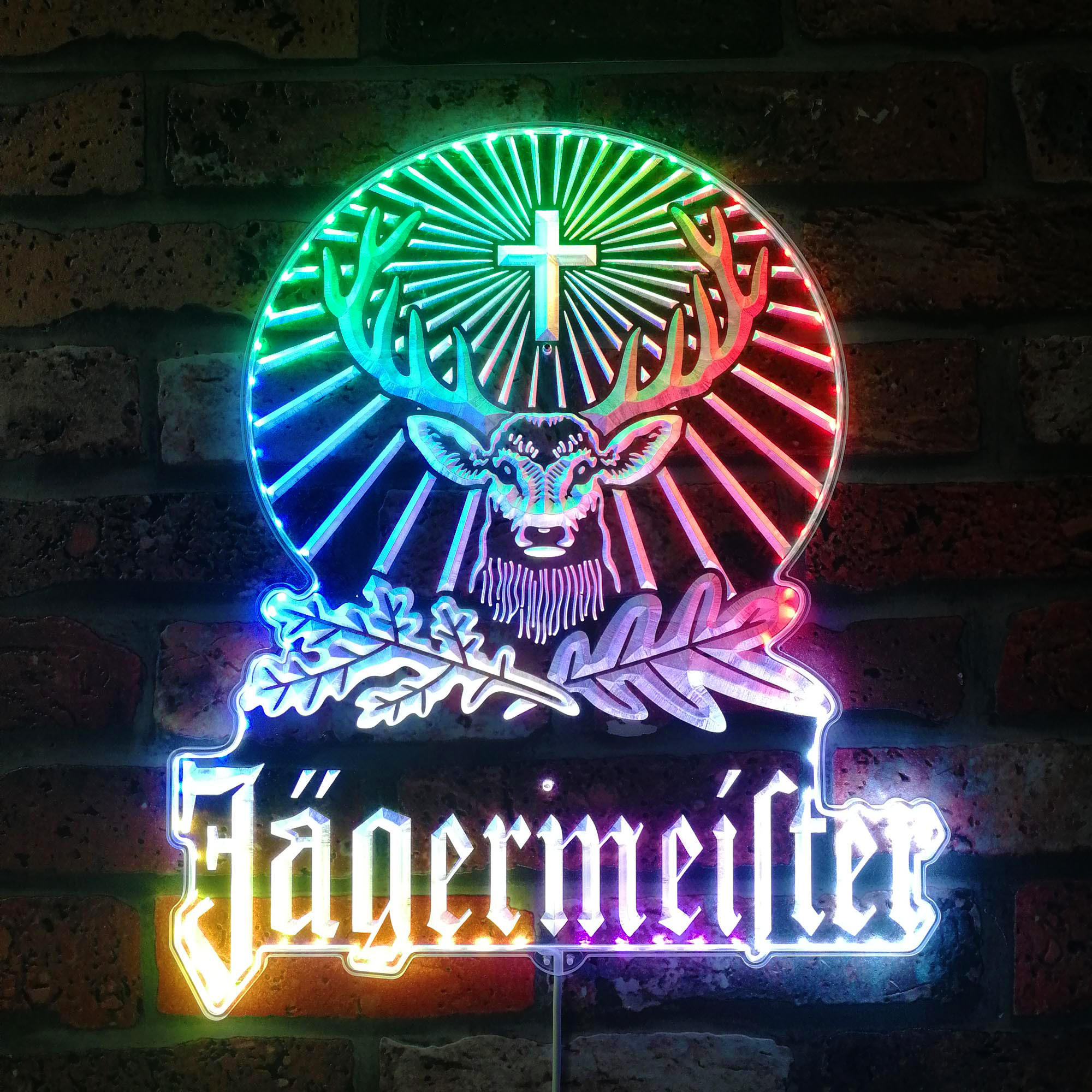 Jagermeister Logo with Cross Deer and Leaves RGB LED Sign SafeSpecial ...